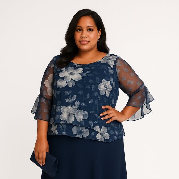 Alex Evenings | Tops | Alex Evenings Navy Floral Chiffon Tiered Ruffle ...